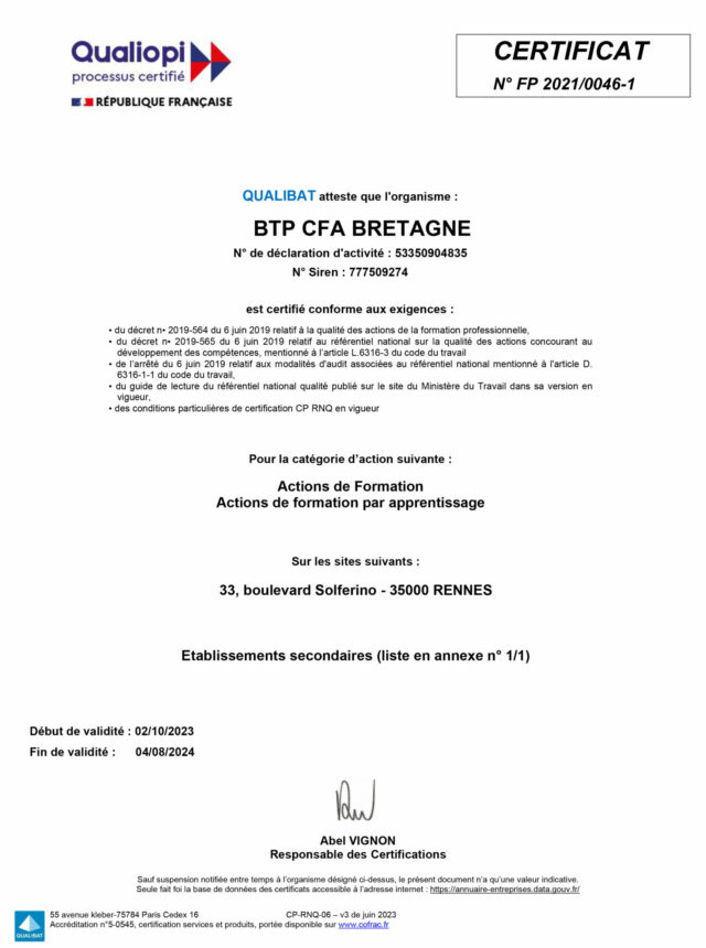 Le certificat Qualiopi - Bâtiment CFA Bretagne