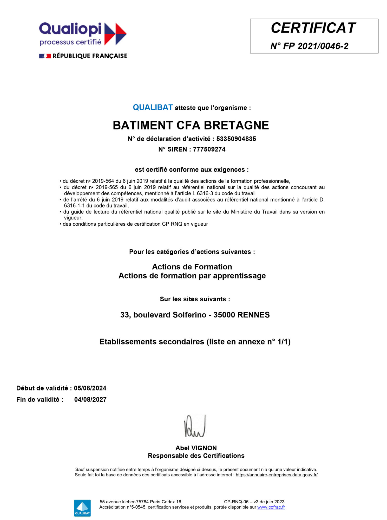 Le certificat Qualiopi - Bâtiment CFA Bretagne